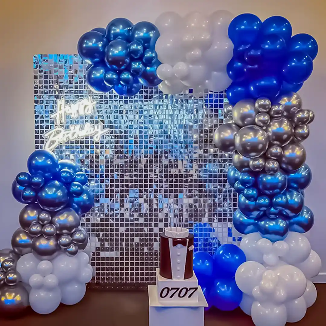 White-Blue Themed Sequin Decoration | Balloon Decoration in Hyderabad ...